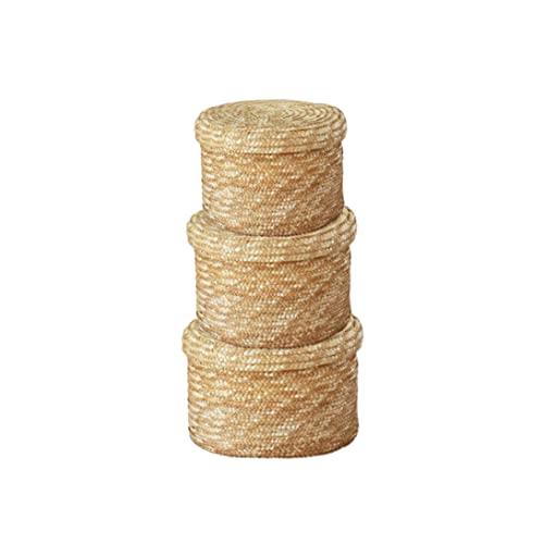 CurcKua 3pcs Straw Storage Baskets with Lid Woven Organizer Round Finishing Storage Box for Bedroom Living Room Laundry Snack