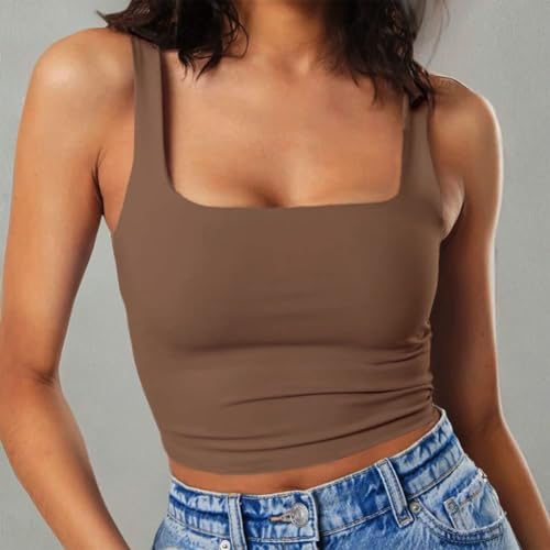 Artfish Women's Sleeveless Strappy Seamless Crop Tank Tops Square Neck Workout Fitness Basic Cropped Camis (Mocha Brown, S)