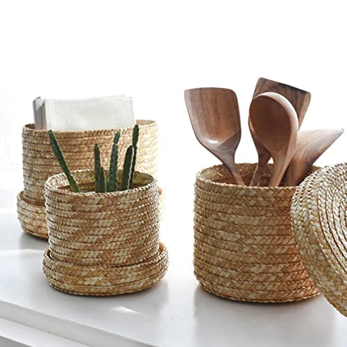 CurcKua 3pcs Straw Storage Baskets with Lid Woven Organizer Round Finishing Storage Box for Bedroom Living Room Laundry Snack