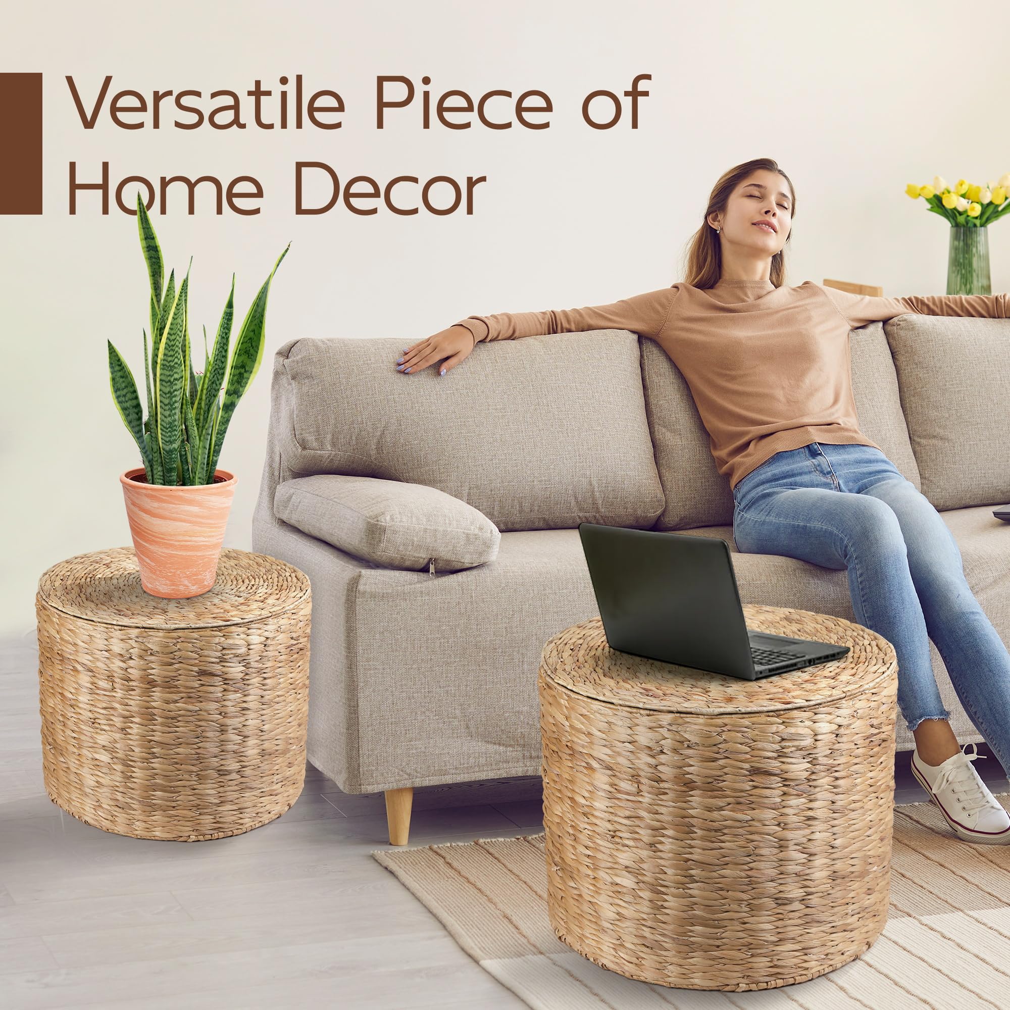 KOL Nesting Multipurpose Handwoven Storage Basket (Set of 2), Round Rattan Natural Stool/Side Table, Handwoven Organizer with Removable Lid, Dia 17"x14" H. & Dia 15"x12" H.