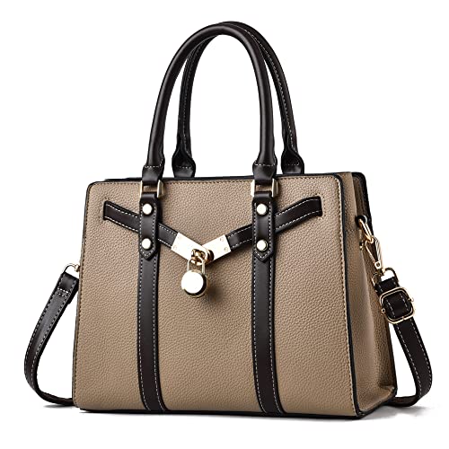 Vegan Leather Satchel Purses and Handbags for Women Top-Handle Tote Bag with Crossbody Strap - Khaki