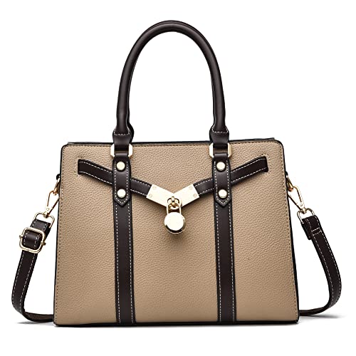 Vegan Leather Satchel Purses and Handbags for Women Top-Handle Tote Bag with Crossbody Strap - Khaki