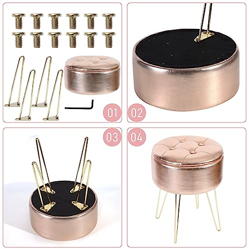 YAMILAN Velvet Round Storage Ottoman, Modern Foot Stool Vanity Stool with Metal Legs & Tray Top Coffee Table, Ottoman with Storage for Living Room Bedroom (PU Leather Light Gold)