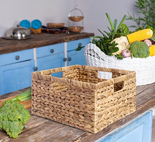 BARIEN 14.5β x 13.5β x 8β (Set of 3) Natural Water Hyacinth Storage Baskets, Rectangular Wicker Basket with Built-in Handles, Large (Natural - Set of 3)