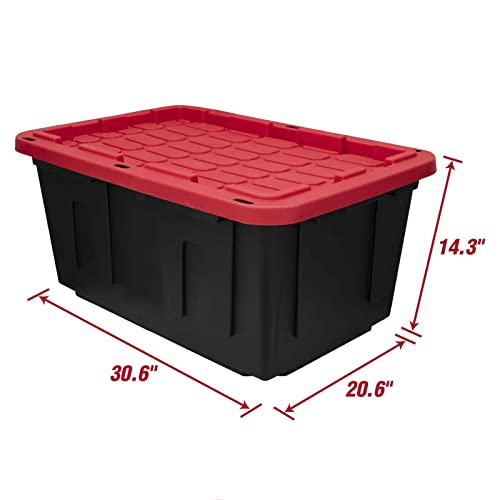 27 Gallon Stackable Snap Lid Plastic Storage Bin, Black Base/Red Lid, Set of 4