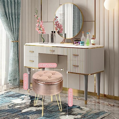 YAMILAN Velvet Round Storage Ottoman, Modern Foot Stool Vanity Stool with Metal Legs & Tray Top Coffee Table, Ottoman with Storage for Living Room Bedroom (PU Leather Light Gold)