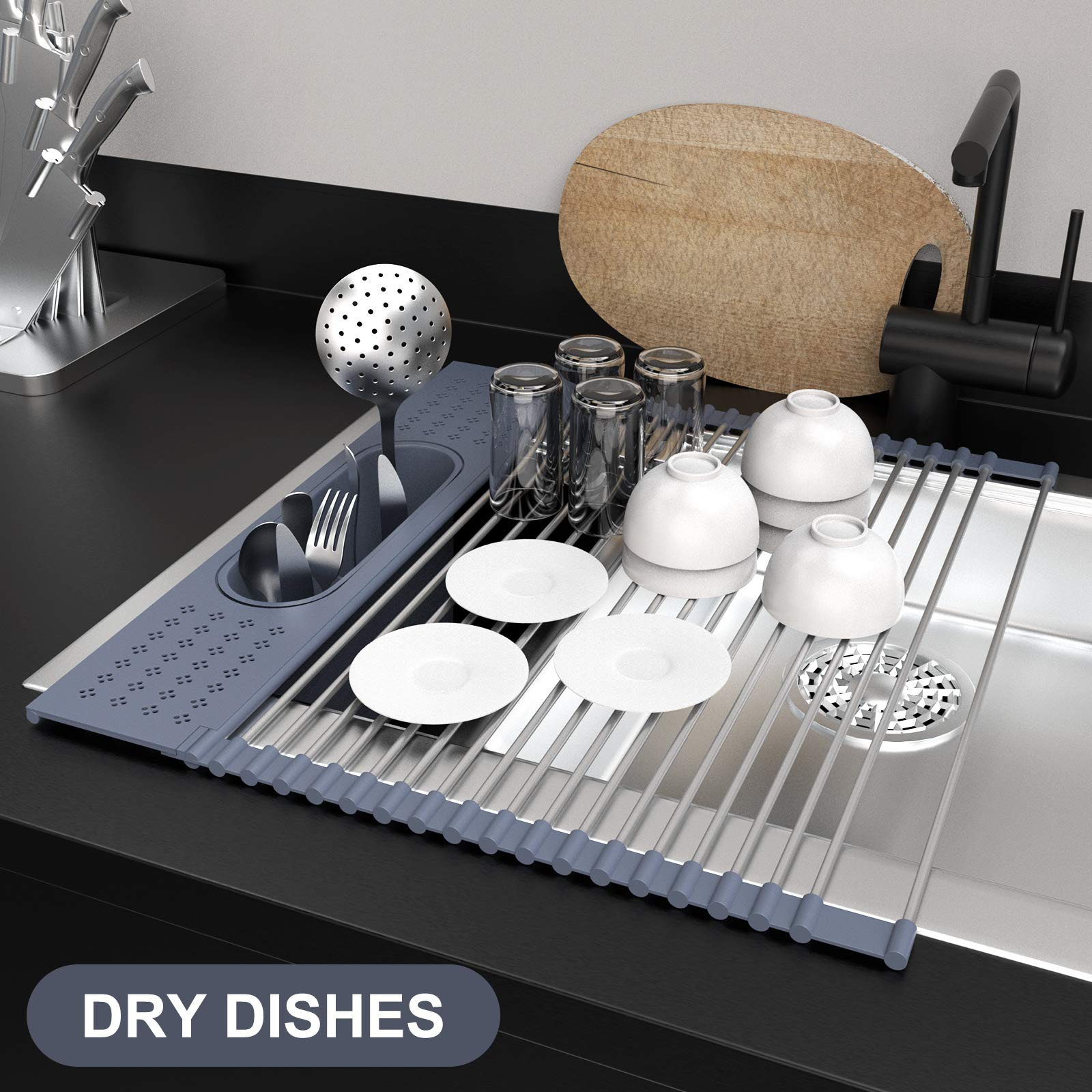 LEMIKKLE Roll Up Dish Drying Rack 17.5" x 15.2" Over The Sink Dish Drying Rack,Multi-Purpose Kitchen Rolling Dish Drainer Foldable SUS304 Stainless Steel Dish Drying Rack