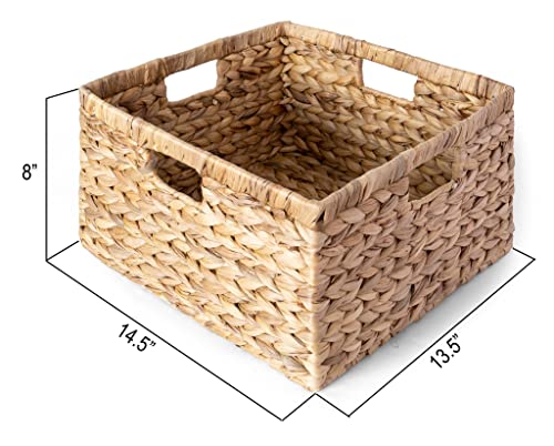 BARIEN 14.5β x 13.5β x 8β (Set of 3) Natural Water Hyacinth Storage Baskets, Rectangular Wicker Basket with Built-in Handles, Large (Natural - Set of 3)