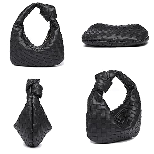 QWERTYUI Women Knotted Woven Handbag Soft Leather Fashion Shoulder Bag High Capacity Lightweight Handmade Clutch Bag,Silver,One Size