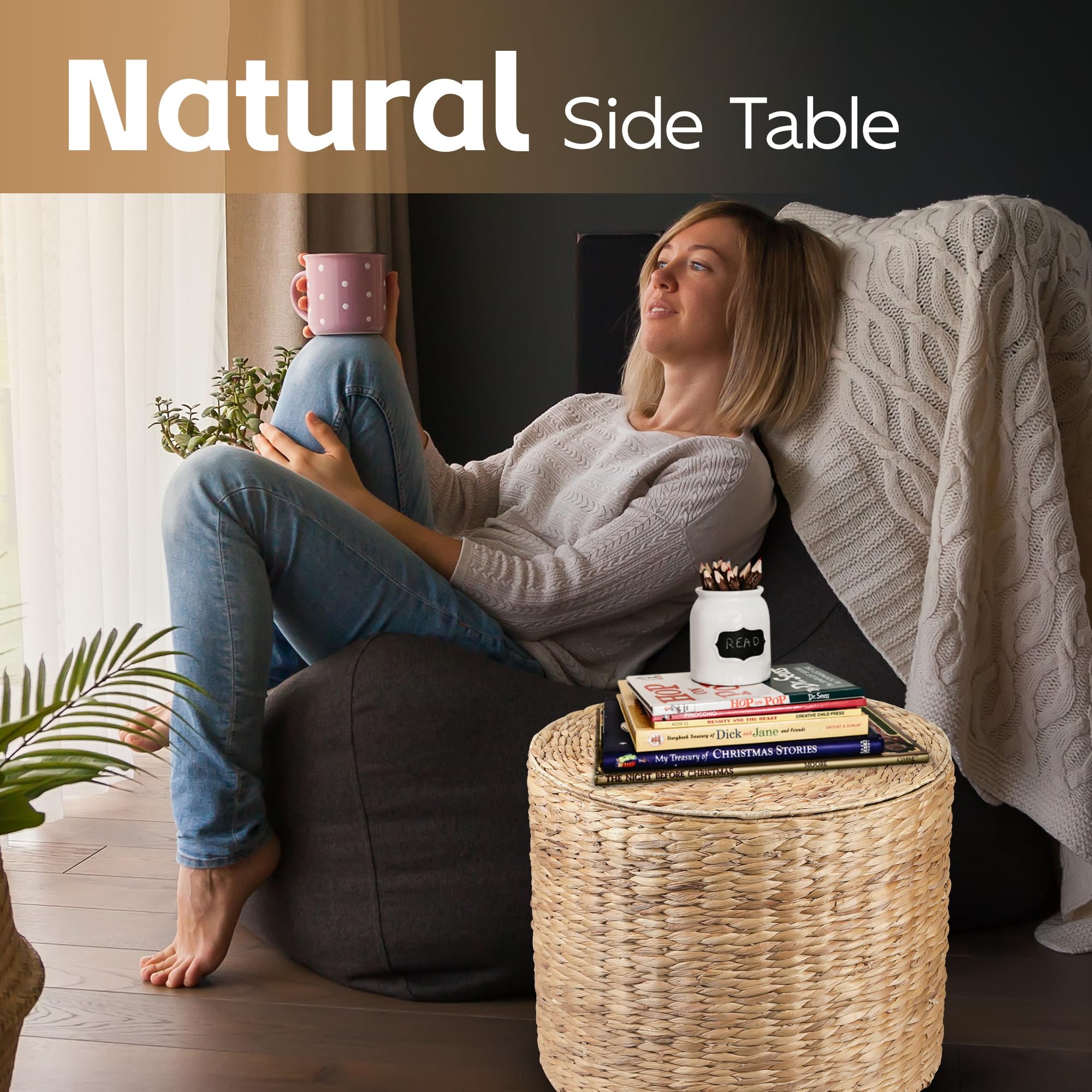 KOL Nesting Multipurpose Handwoven Storage Basket (Set of 2), Round Rattan Natural Stool/Side Table, Handwoven Organizer with Removable Lid, Dia 17"x14" H. & Dia 15"x12" H.