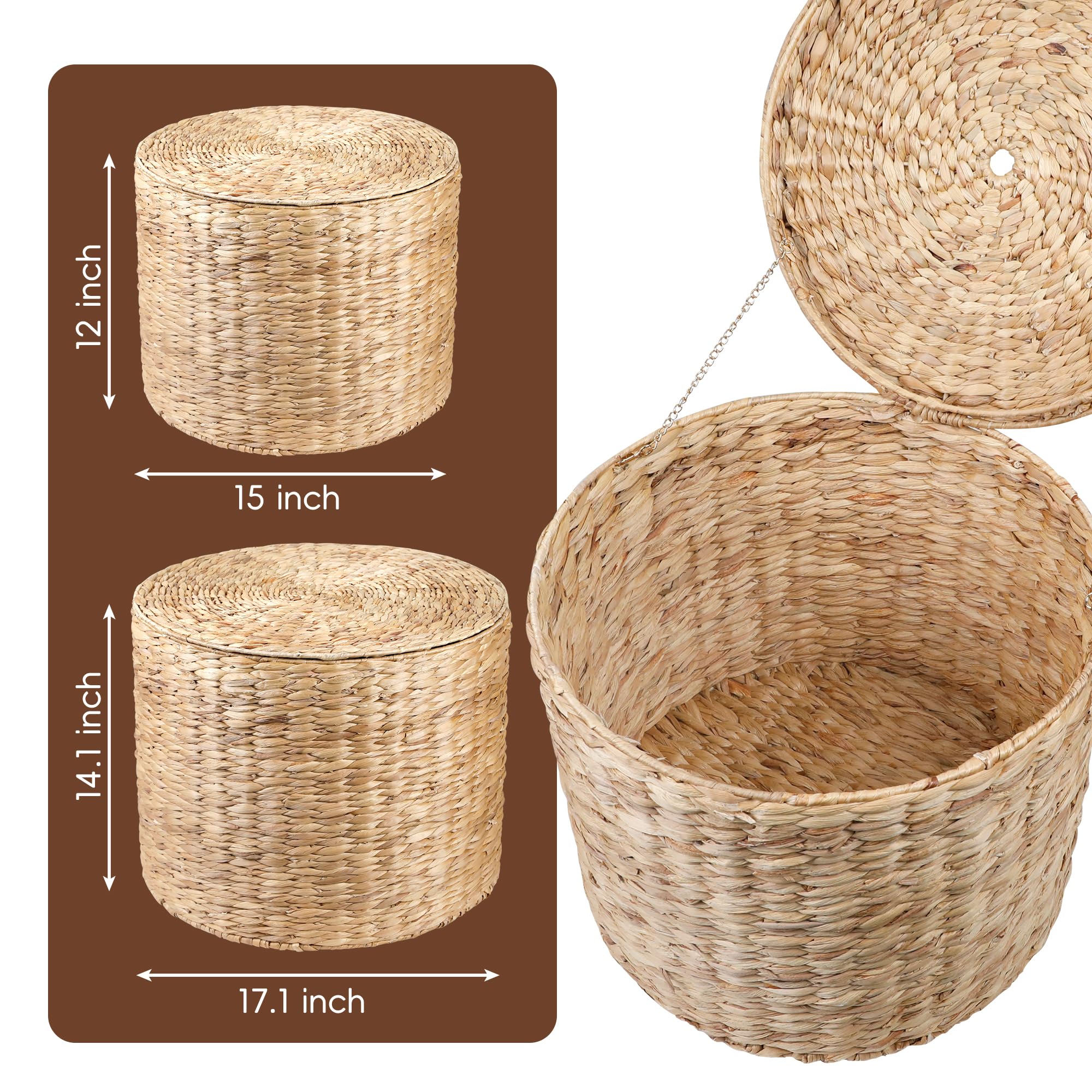KOL Nesting Multipurpose Handwoven Storage Basket (Set of 2), Round Rattan Natural Stool/Side Table, Handwoven Organizer with Removable Lid, Dia 17"x14" H. & Dia 15"x12" H.
