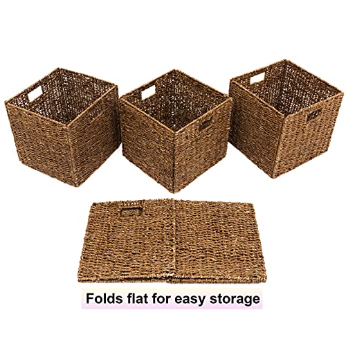 Trademark Innovations Foldable Storage Basket, 12"L x 12"W x 12"H, Brown, 4 Pack & Foldable Storage Basket with Iron Wire Frame By (Set of 2)