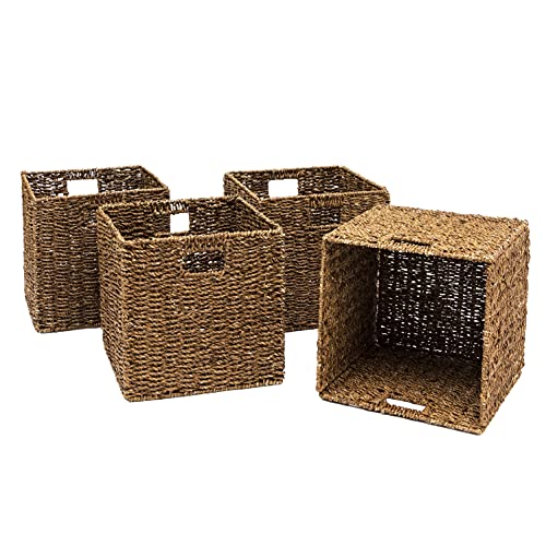 Trademark Innovations Foldable Storage Basket, 12"L x 12"W x 12"H, Brown, 4 Pack & Foldable Storage Basket with Iron Wire Frame By (Set of 2)