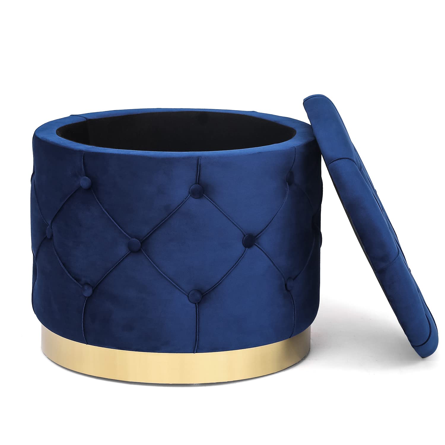 Homebeez 18.9" Round Velvet Storage Ottoman, Pre-Assembled Multi-Function Storage Vanity Stool, Button Tufted Accent Coffee Table with Golden Plate Base,Navy Blue