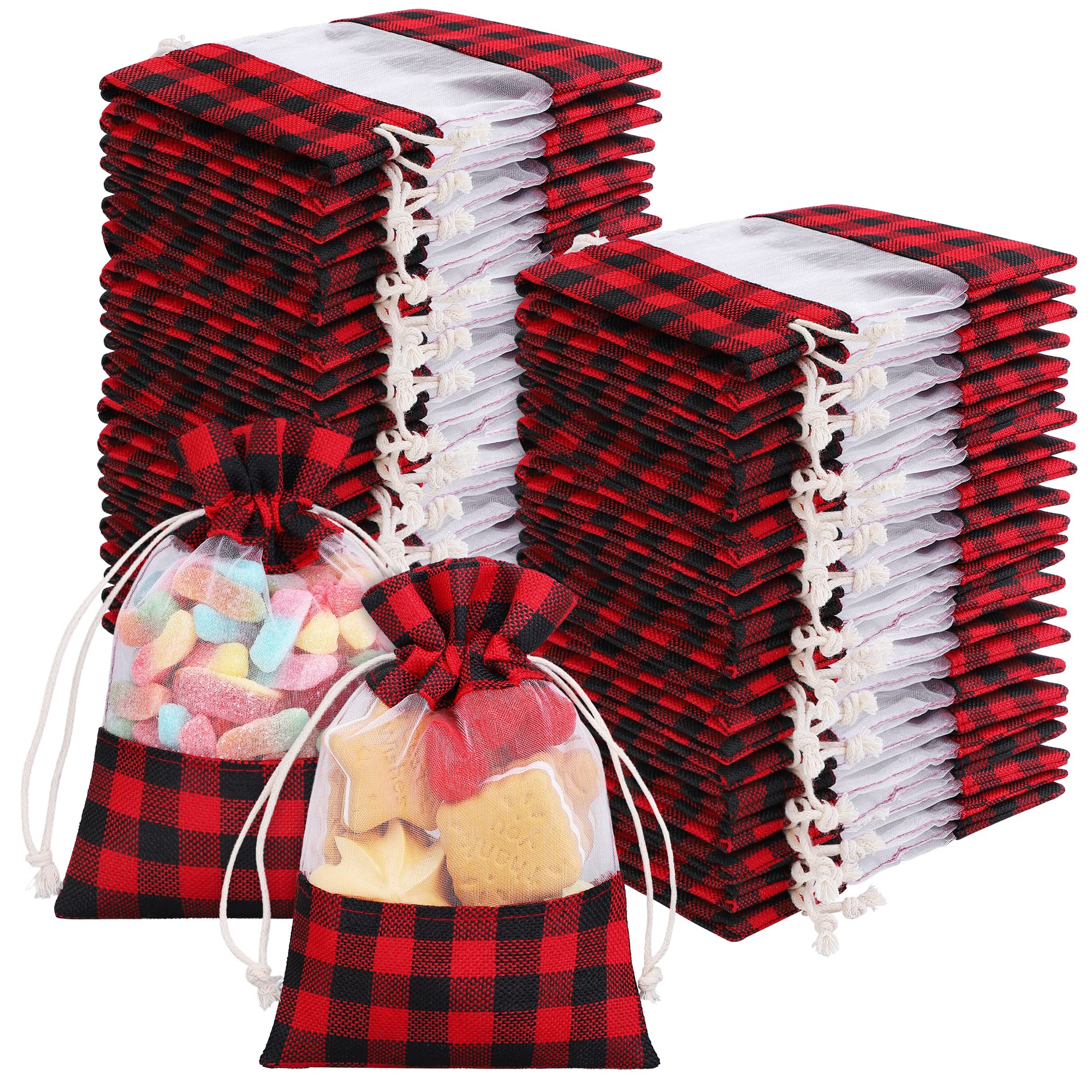 MIMIND 48 Pack Christmas Linen Burlap Sheer Bags with Drawstring Red and Black Buffalo Plaid Burlap Organza Bags Small Drawstring Burlap Gift Bag for Xmas Wedding Birthday Party Favors, 4 x 6 Inch