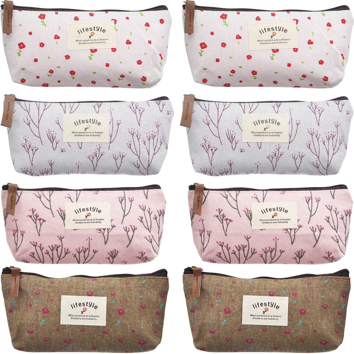 TecUnite 8 Pieces Pen Case Pencil Bag Canvas Pencil Pen Case Pen Holder Cosmetic Makeup Bag Set Christmas Present Bag (Floral Style)