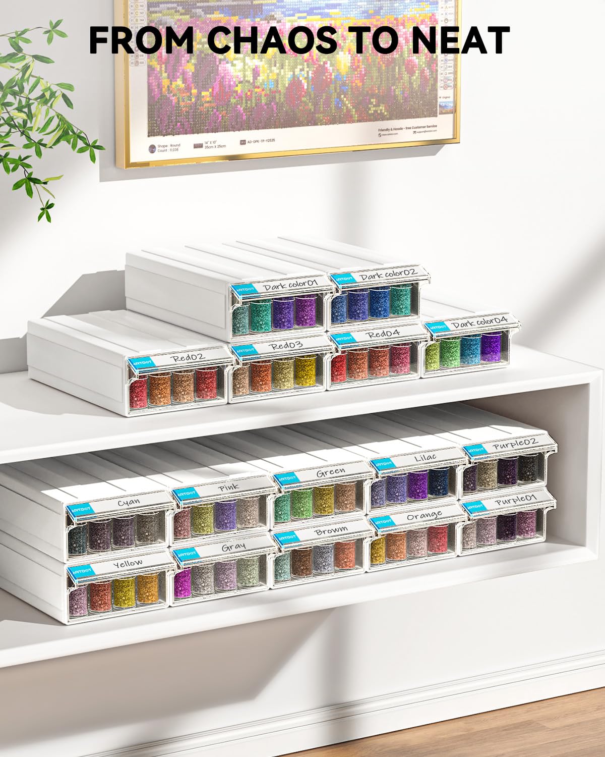 ARTDOT Diamond Painting Storage Containers, 4 Pack Stackable Bead Organizers with 128 Slots and Diamond Art Accessories and Tools for Beads Nail Pill Rhinestones Seed
