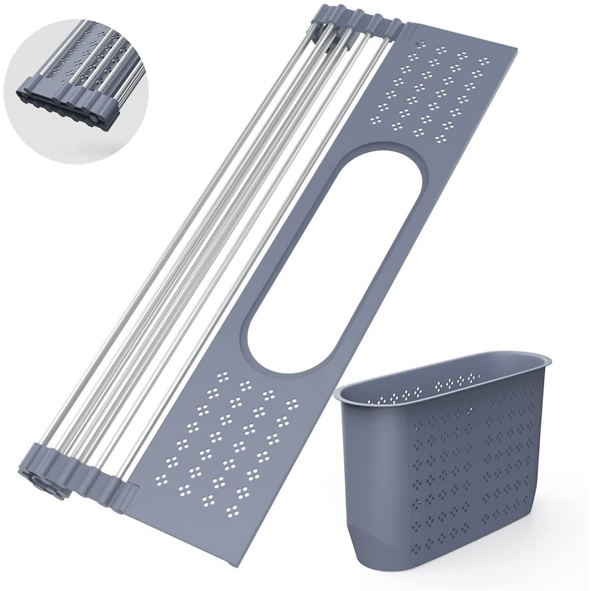 LEMIKKLE Roll Up Dish Drying Rack 17.5" x 15.2" Over The Sink Dish Drying Rack,Multi-Purpose Kitchen Rolling Dish Drainer Foldable SUS304 Stainless Steel Dish Drying Rack
