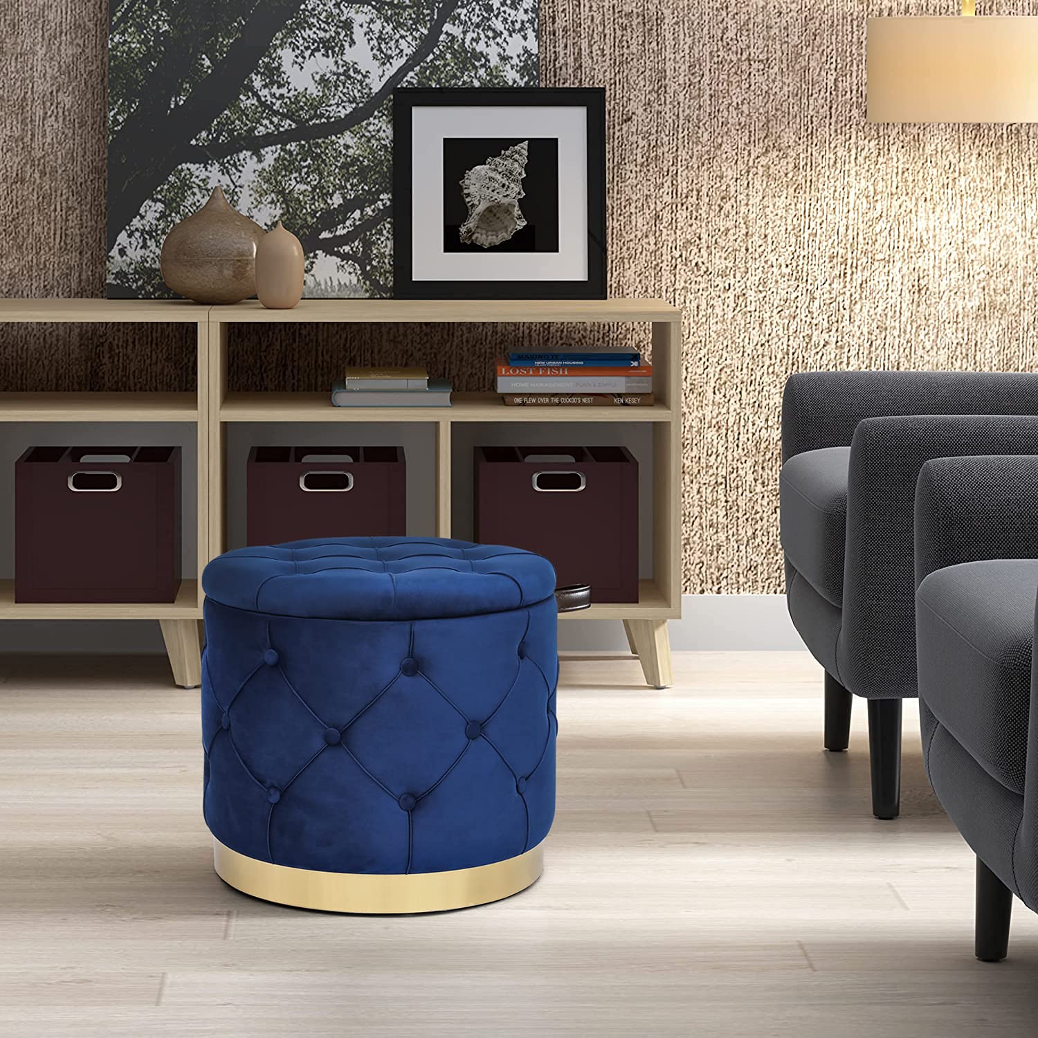 Homebeez 18.9" Round Velvet Storage Ottoman, Pre-Assembled Multi-Function Storage Vanity Stool, Button Tufted Accent Coffee Table with Golden Plate Base,Navy Blue