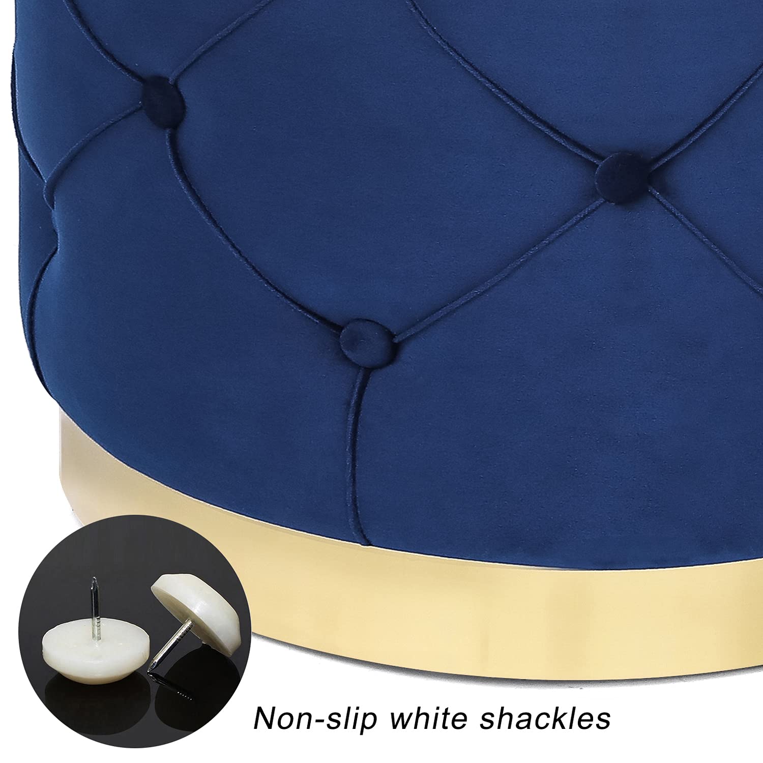 Homebeez 18.9" Round Velvet Storage Ottoman, Pre-Assembled Multi-Function Storage Vanity Stool, Button Tufted Accent Coffee Table with Golden Plate Base,Navy Blue