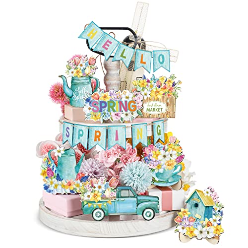 18 Pieces Hello Spring Tiered Tray Decor Easter Tiered Tray Decorations Fresh Flower Market Wooden 3D Sign Farmhouse Mini Spring Decor for Holiday Kitchen Home Easter Spring Party Decor(Null)