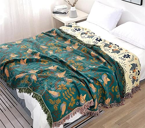 MSGKV Boho Throw Blankets 100% Cotton Blankets 80''Wx 90''L Throw Blanket for Bed Couch Sofa Double Sided Knit Blanket Warm Blanket Cover Sheet Reversible Blanket Wearable Fall Blanket