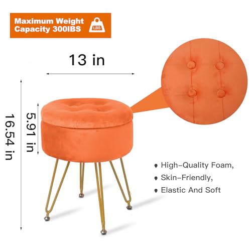 YLCHHOMY Round Vanity Stool with Storage, Velvet Storage Ottoman Footrest Stool Chair Holds up to 300 lb Small Soft Makeup Stool Modern Dressing Stool for Bedroom, Living Room, Bathroom -Orange
