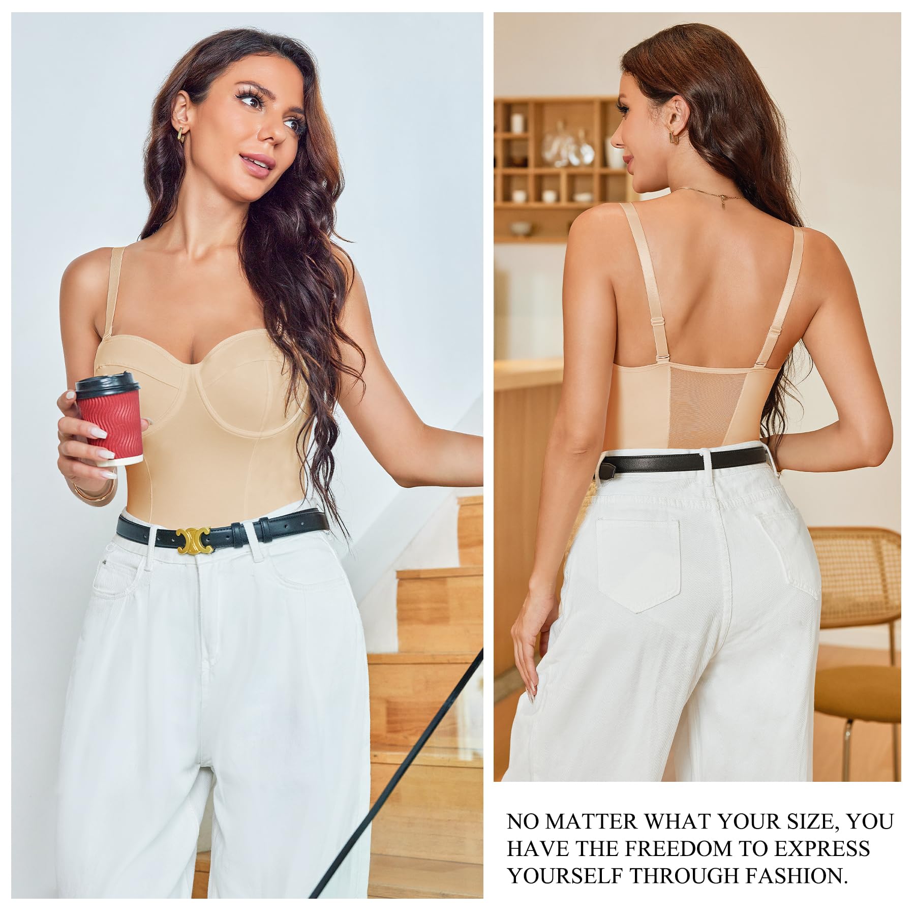 BRABIC Shapewear Bodysuit for Women Tummy Control Low Back Body Shaper Cupped Sleeveless Tank Tops Fajas (Medium, Beige)