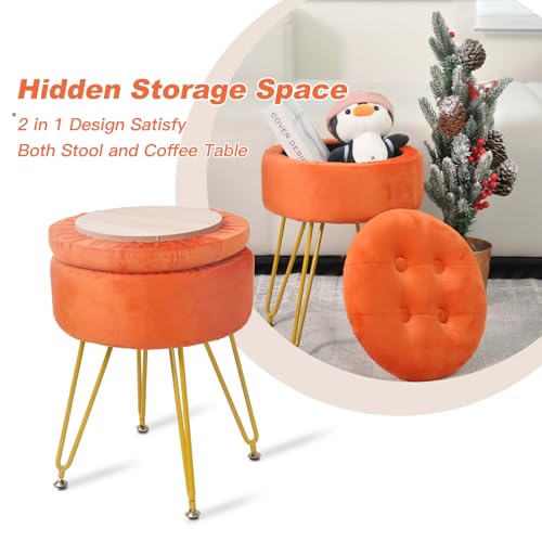 YLCHHOMY Round Vanity Stool with Storage, Velvet Storage Ottoman Footrest Stool Chair Holds up to 300 lb Small Soft Makeup Stool Modern Dressing Stool for Bedroom, Living Room, Bathroom -Orange