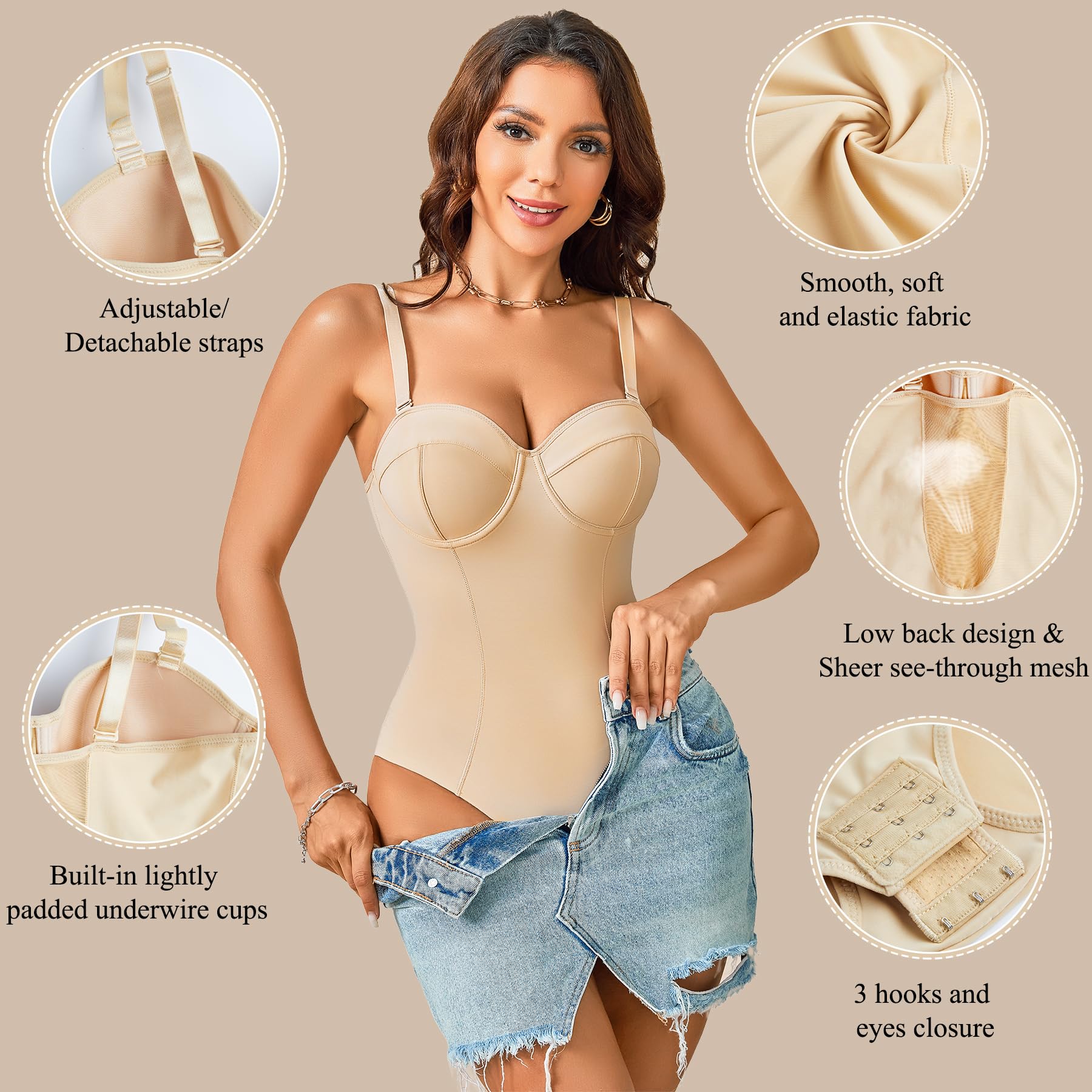 BRABIC Shapewear Bodysuit for Women Tummy Control Low Back Body Shaper Cupped Sleeveless Tank Tops Fajas (Medium, Beige)