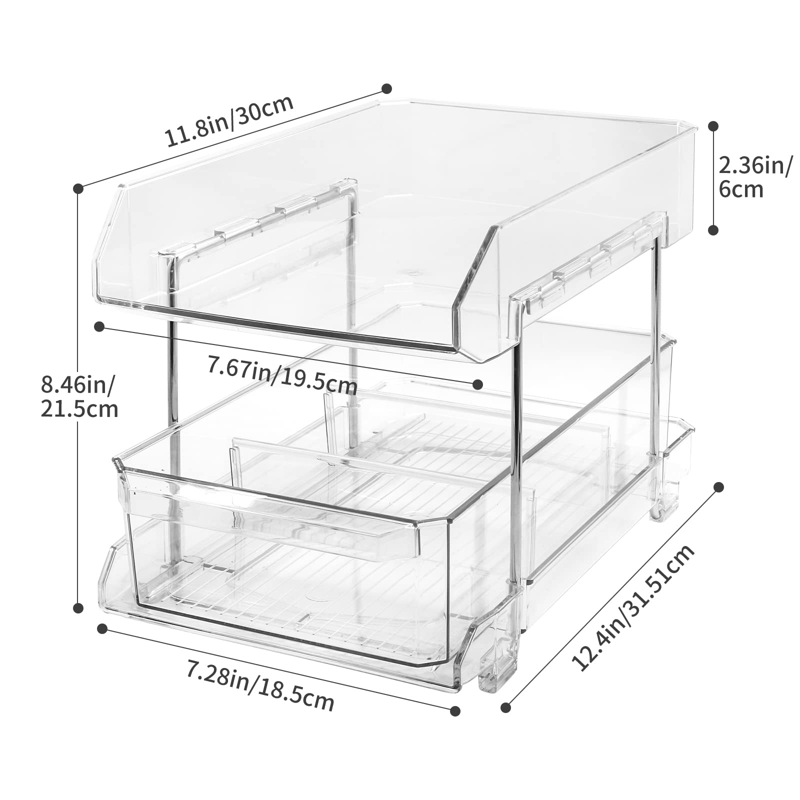 ruishetop 2-Tier Multi-Purpose Pull Out Cabinets Organizer Shelf, Under Sink Cabinet Organizer with Drawer, Sliding Basket Drawer Countertop Organizer Storage for Home Office Kitchen (Clear- 1 Set)