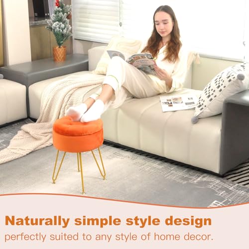 YLCHHOMY Round Vanity Stool with Storage, Velvet Storage Ottoman Footrest Stool Chair Holds up to 300 lb Small Soft Makeup Stool Modern Dressing Stool for Bedroom, Living Room, Bathroom -Orange