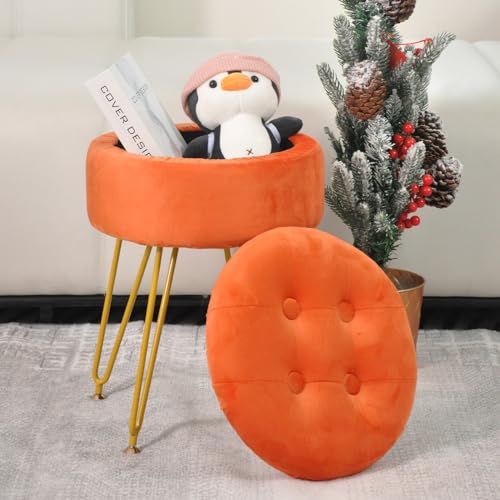 YLCHHOMY Round Vanity Stool with Storage, Velvet Storage Ottoman Footrest Stool Chair Holds up to 300 lb Small Soft Makeup Stool Modern Dressing Stool for Bedroom, Living Room, Bathroom -Orange