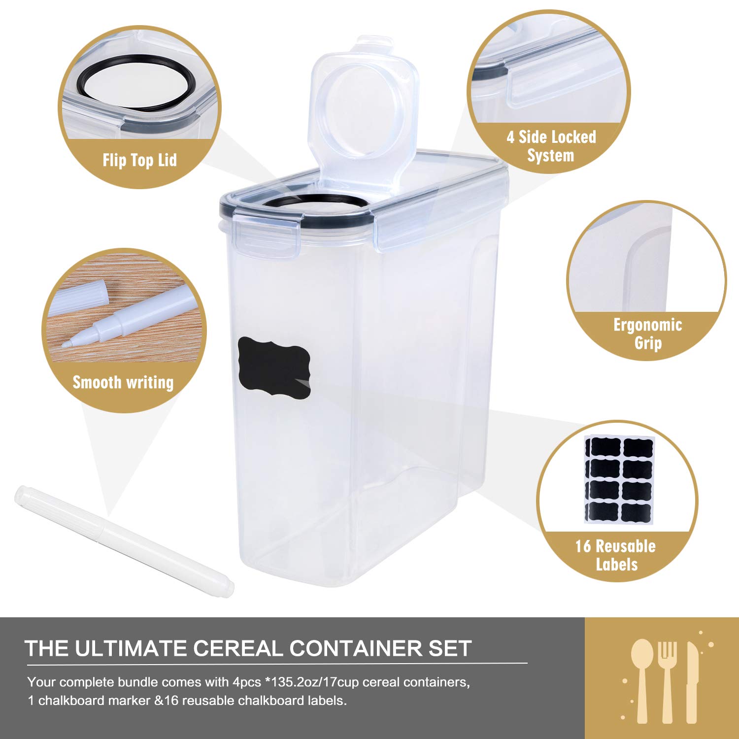 FOOYOO Cereal Containers Storage Set - 4 Piece Airtight Large Dry Food Storage Containers(135.2oz), BPA Free Dispenser Plastic Cereal Storage Containers with 16 Labels & Pen