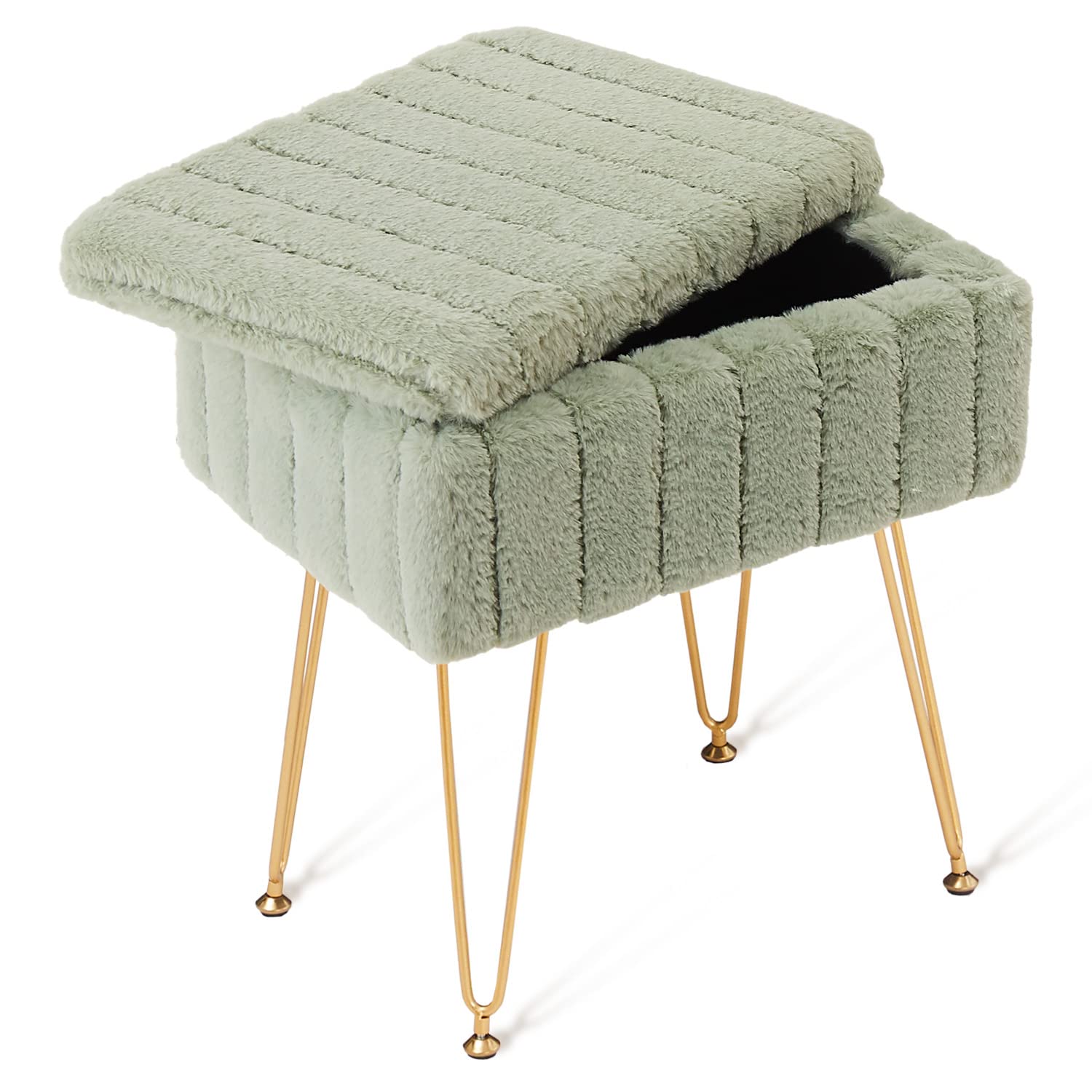 Wimarsbon Faux Mink Fur Storage Ottoman, Modern Soft Footstool, Storage Bench with Metal Legs, Vanity Seat, Fur Stool, Ottoman Coffee Table, Makeup Chair, Vanity Stools for Bedroom (Light Green)