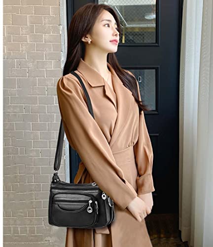 TianHengYi Leather Crossbody Bag for Women Multi Pockets Shoulder Purse Messenger Bag Ladies Lightweight Pocketbook (Black)