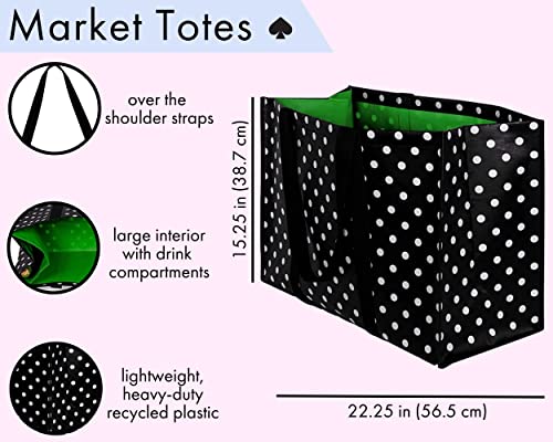 Kate Spade New York Large Reusable Grocery Bag, Oversized Tote Bag with Pockets, Black Collapsible Tote for Shopping, Picture Dot