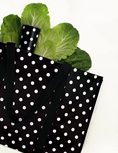 Kate Spade New York Large Reusable Grocery Bag, Oversized Tote Bag with Pockets, Black Collapsible Tote for Shopping, Picture Dot