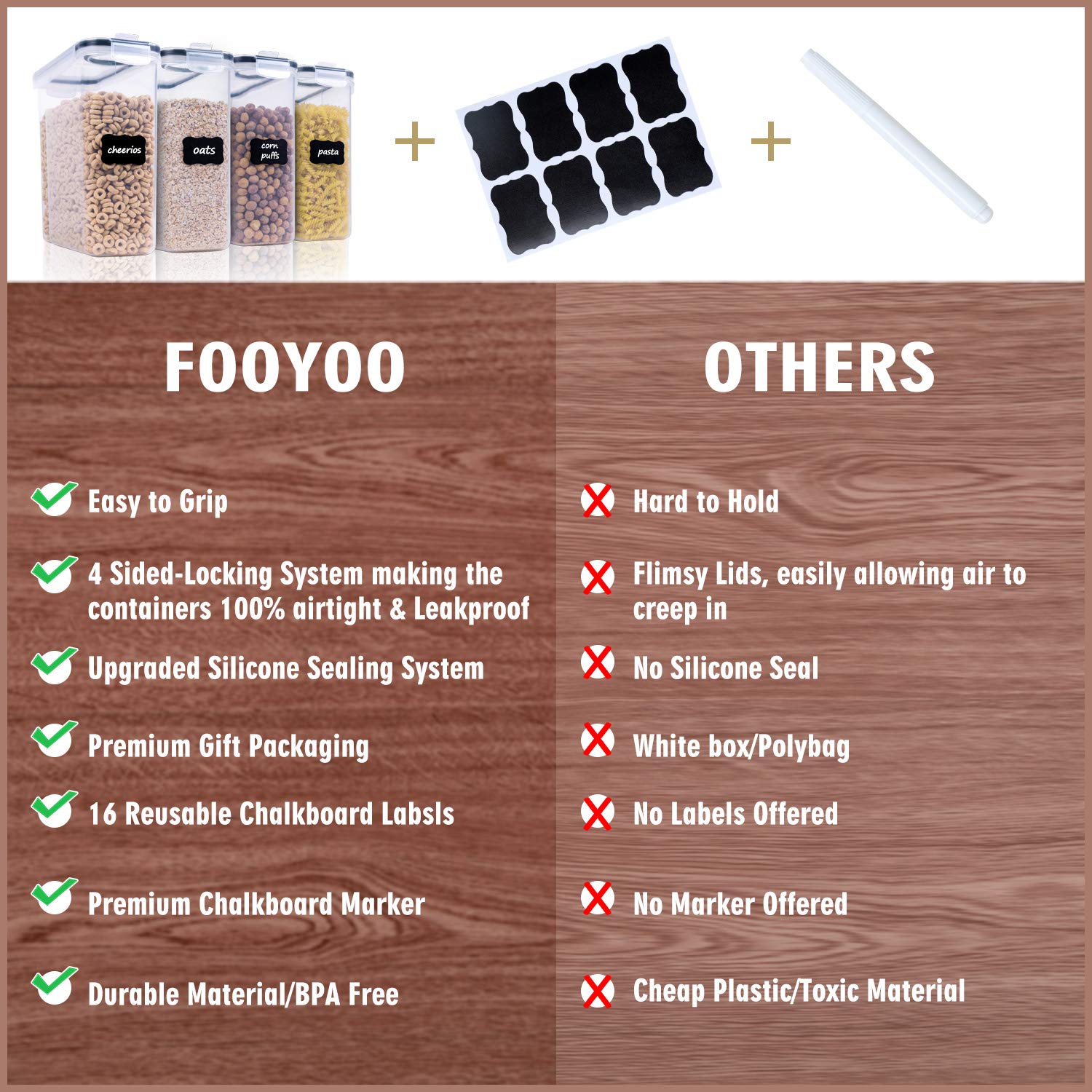 FOOYOO Cereal Containers Storage Set - 4 Piece Airtight Large Dry Food Storage Containers(135.2oz), BPA Free Dispenser Plastic Cereal Storage Containers with 16 Labels & Pen