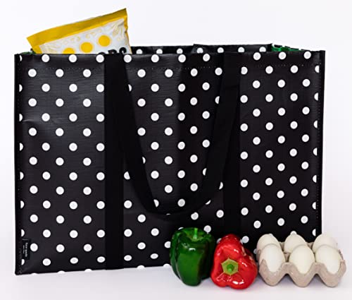 Kate Spade New York Large Reusable Grocery Bag, Oversized Tote Bag with Pockets, Black Collapsible Tote for Shopping, Picture Dot