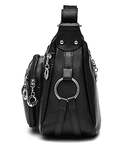 TianHengYi Leather Crossbody Bag for Women Multi Pockets Shoulder Purse Messenger Bag Ladies Lightweight Pocketbook (Black)