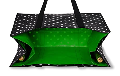 Kate Spade New York Large Reusable Grocery Bag, Oversized Tote Bag with Pockets, Black Collapsible Tote for Shopping, Picture Dot