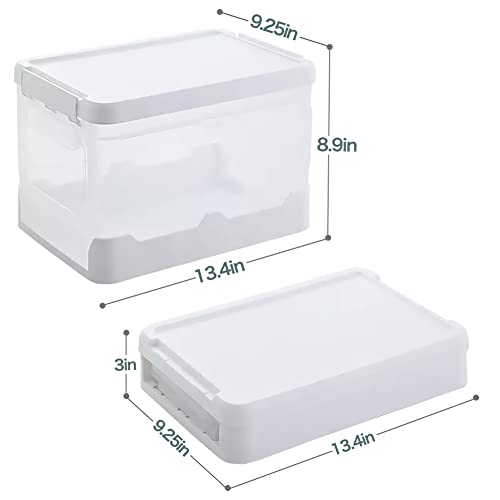 EZOWare 16 Quart Folding Plastic Storage Latch Box Basket with Lids, Stackable Lidded Organizer Container Bins - Set of 2, White / Clear