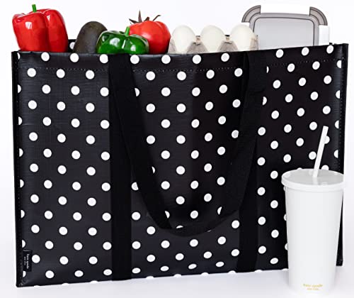 Kate Spade New York Large Reusable Grocery Bag, Oversized Tote Bag with Pockets, Black Collapsible Tote for Shopping, Picture Dot