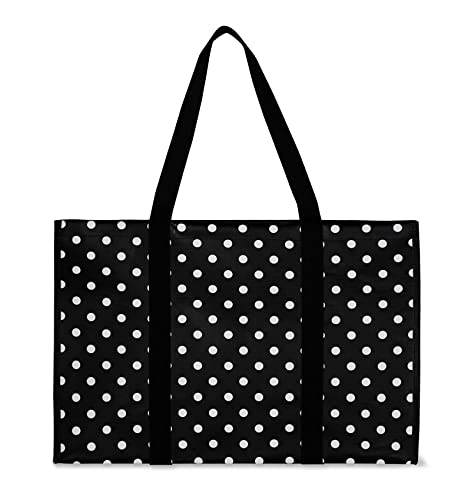 Kate Spade New York Large Reusable Grocery Bag, Oversized Tote Bag with Pockets, Black Collapsible Tote for Shopping, Picture Dot