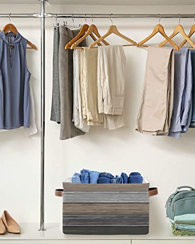 Beige Grey Ombre Storage Bins 2 Pack, Large Waterproof Storage Baskets for Shelves Closet, Brown Farmhouse Retro Wooden Striped Storage Basket Foldable Storage Box Cube Storage Organizer with Handles