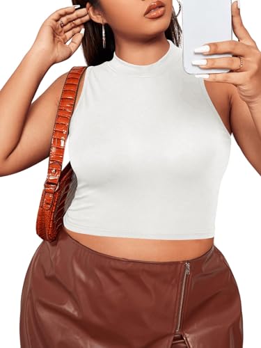 Floerns Women's Plus Size Sleeveless Ribbed Knit Solid Crop Tank Top White 4XL