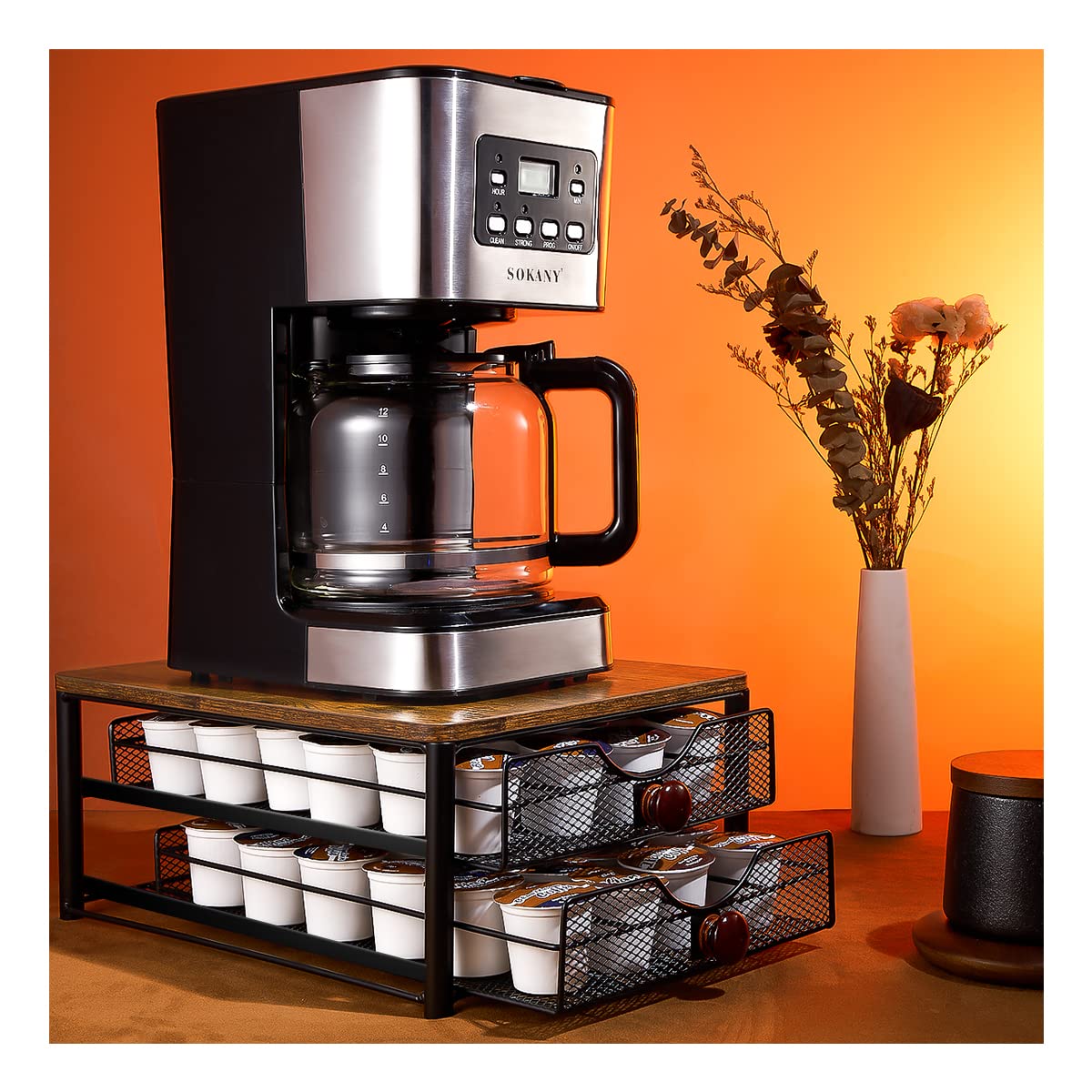 HOYRR K Cup Holder, K Cup Storage Rack, Coffee Station Coffee pods Organizer, 2-Layer Storage Drawer K Cup Holder , K Cup Holder of Wood and Iron,48 Capacity Capsule Pods Storage Organizer.