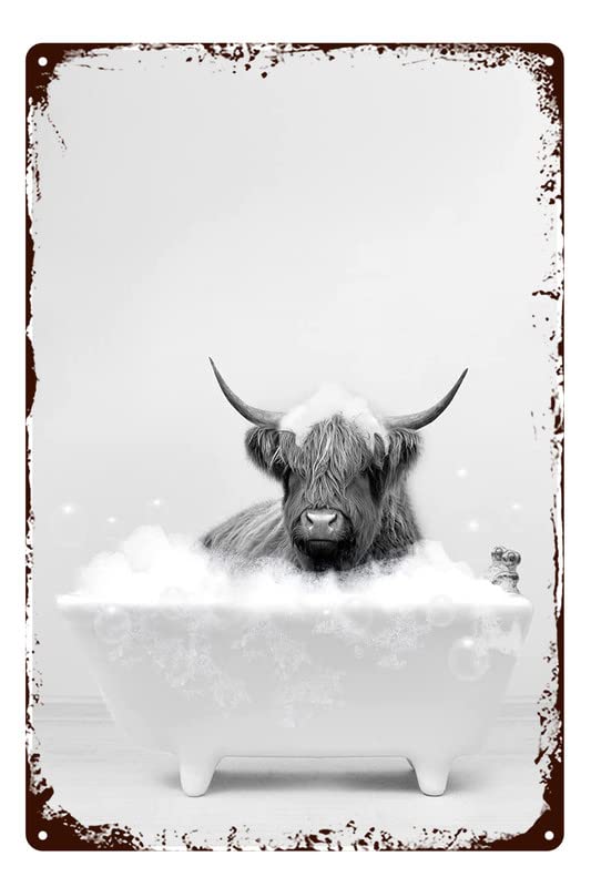 Funny Highland Cow Wall Art Tin Sign Cute Black And White Longhorn Cow Vintage Look Retro Metal Sign Animal Rustic Farmhouse Style Wall Decor For Bathroom Restroom 12x8 Inch