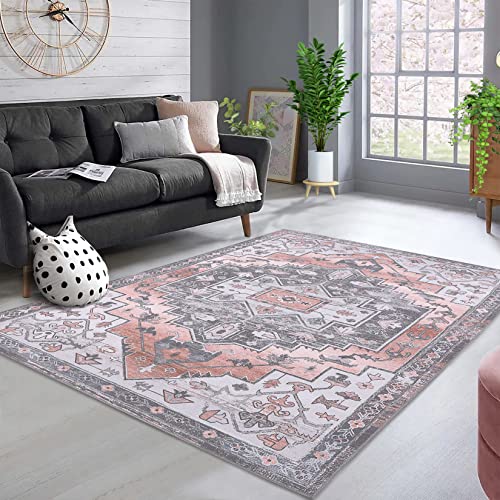 COZYLOOM Vintage Area Rug, Orange Persian Accent Floral Distressed Machine Washable Area Rug for Indoor Living Room, Bedroom, Entryway 5x8 Feet